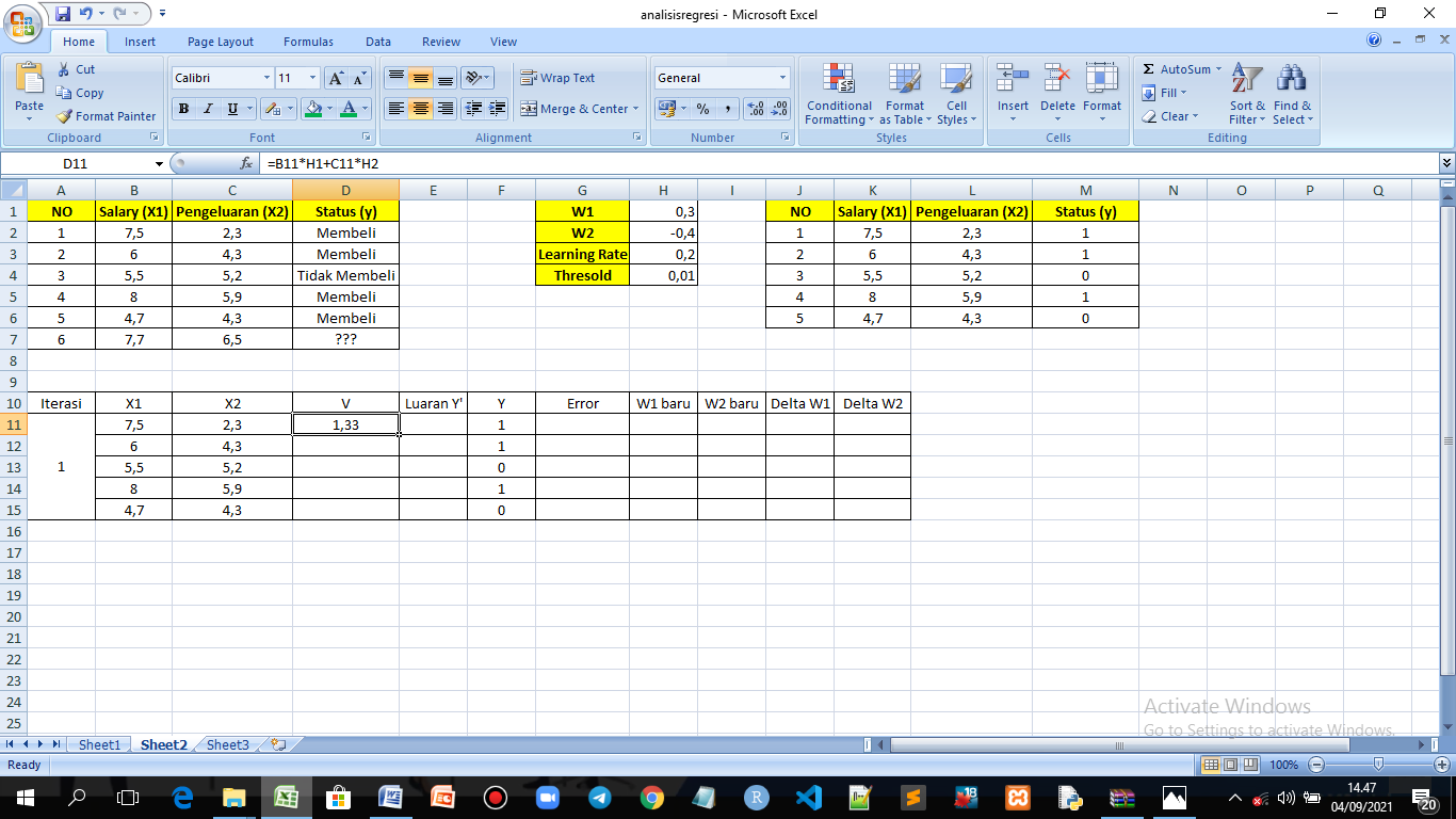 Perhitungan Artificial Neural Network Perceptron Menggunakan Microsoft Excel - LABKOMMAT